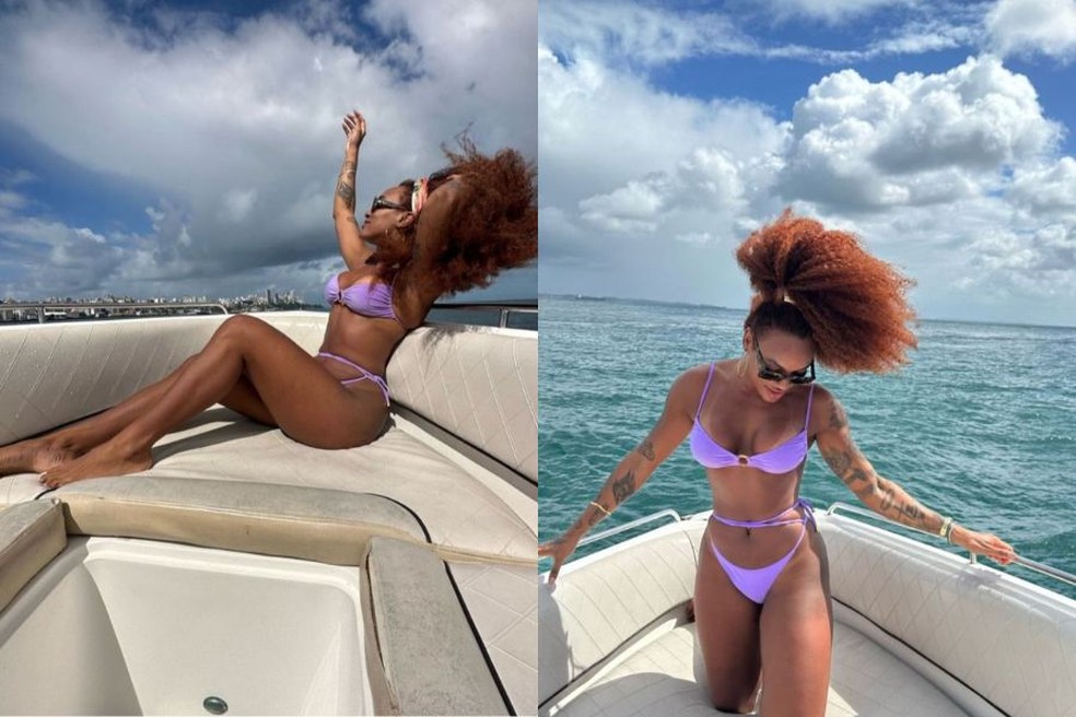 Patrícia Ramos esbanja corpão em passeio de lancha na Bahia