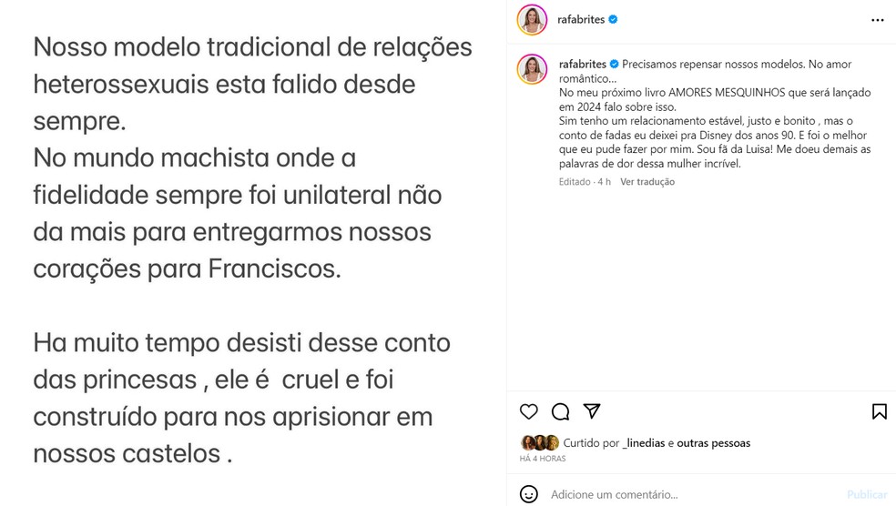 Após desabafo de Luísa Sonza, Rafa Brites reflete: 'Mundo machista'