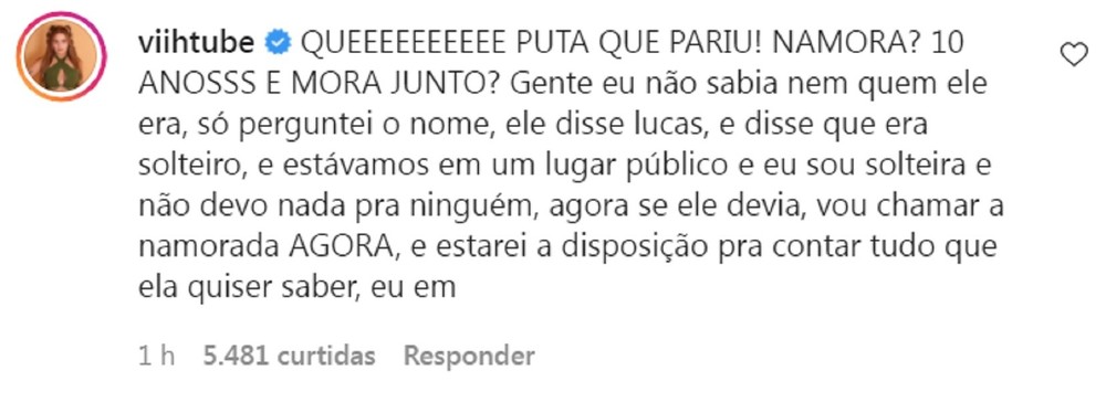 Viih Tube beija cantor em show, mas fãs apontam que ele tem namorada