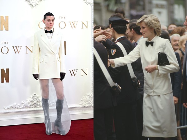 Emma Corrin se inspira em look da Lady Di dos anos 1980 para a première ...