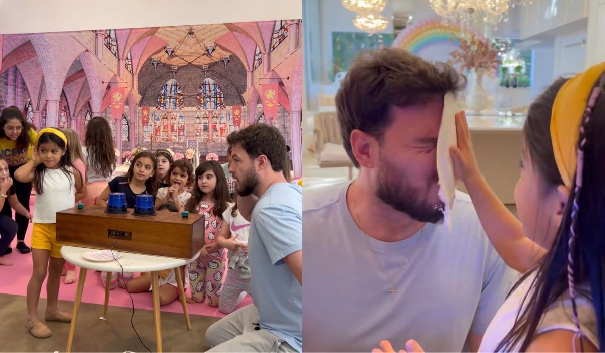Thiago Nigro brinca de torta na cara com Sophia e suas amiguinhas