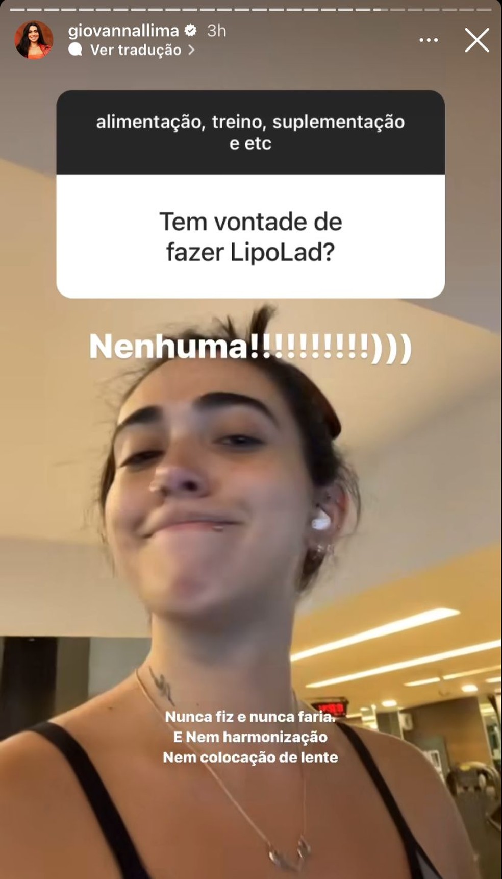 Giovanna Lima revela se faria lipo LAD: 'Nunca faria'