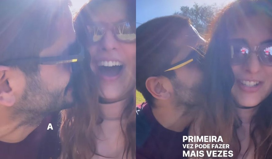 Fernanda Paes Leme dá beijão em Victor Sampaio e brinca: 'Nem sabia mais como fazia'
