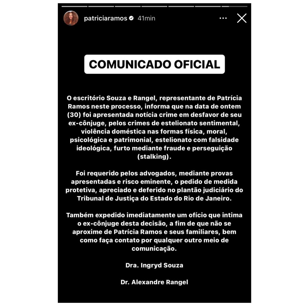 Patrícia Ramos registra denúncia contra o ex-marido Diogo Vitório
