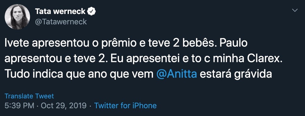 Tatá Werneck prevê Anitta grávida no ano que vem