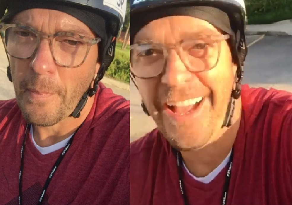 Fernando Rocha chega de bicicleta no trabalho e canta para os fãs