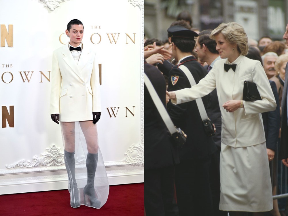 Emma Corrin se inspira em look da Lady Di dos anos 1980 para a première ...