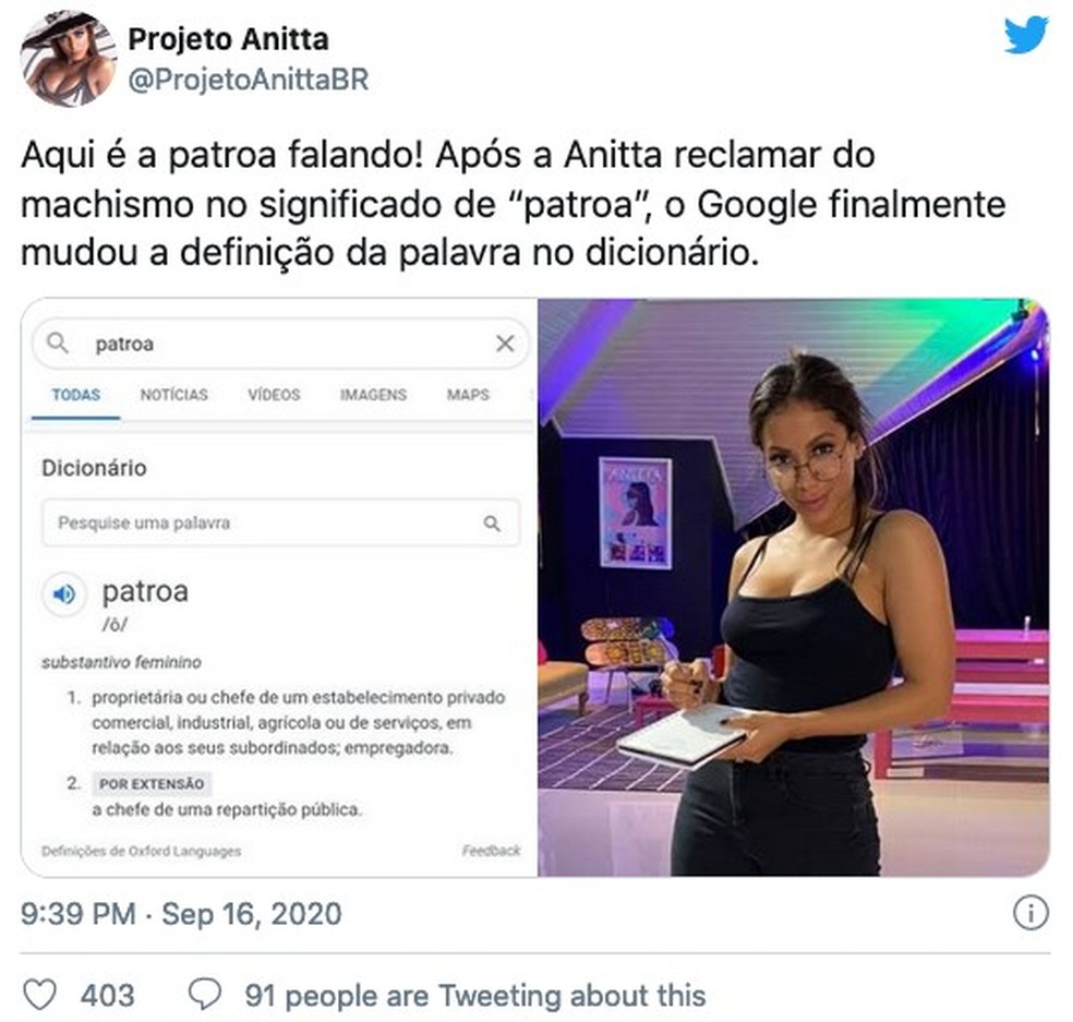 Após indignação de Anitta, dicionário do Google muda o significado de ...