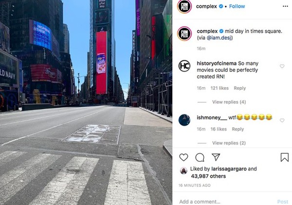 Influencer posta foto da Times Square vazia em pleno meio-dia
