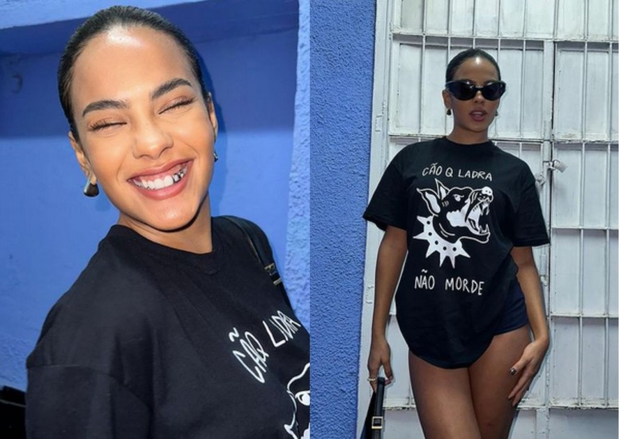 Bella Campos aposta em camiseta divertida e joia no dente para show de rap