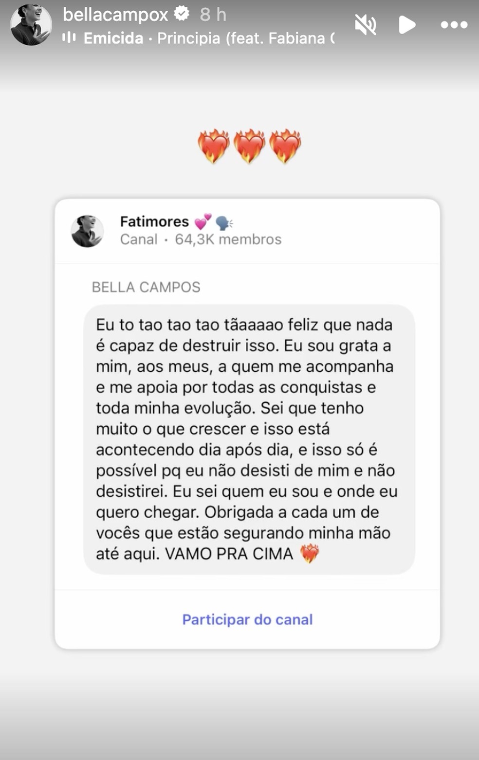 Bella Campos sobre Maria de Fátima: 'Eu tô tão feliz que nada é capaz ...