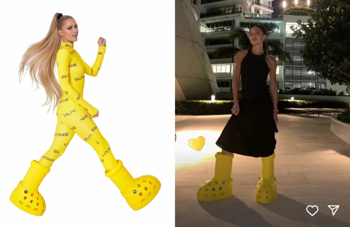 Victoria Beckham e Paris Hilton surgem com bota Crocs, lançamento da ...