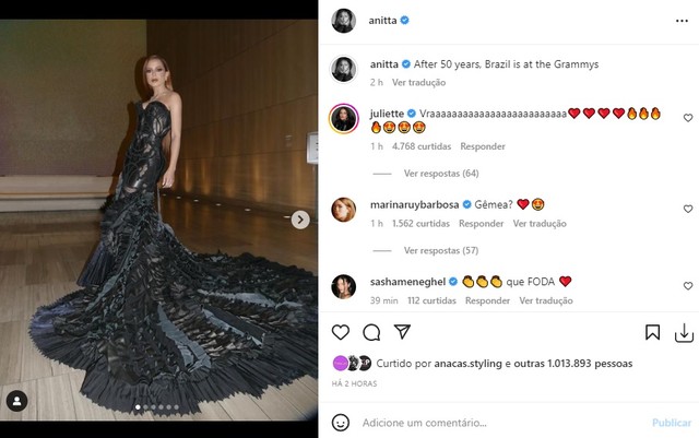 Internautas comparam fotos de Anitta no Grammy com Marina Ruy Barbosa: 'Marina Ruy Anitta'